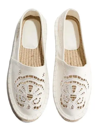 H&m Embroidered Cotton Canvas Espadrilles With Jute Soles - White