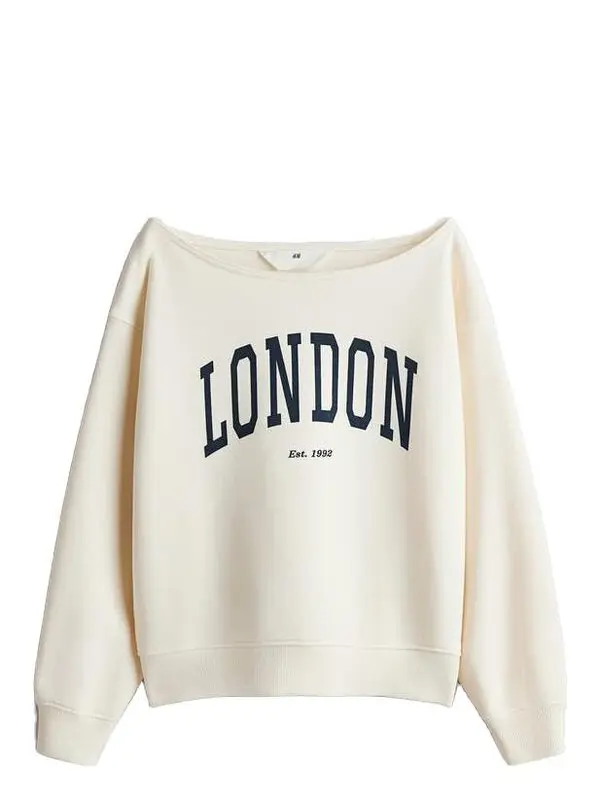 H&m Oversized Off-the-shoulder Sweatshirt With Embroidered Motif - Cream/london