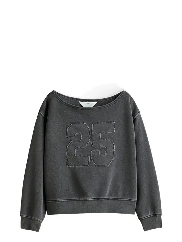 H&m Oversized Off-the-shoulder Sweatshirt With Embroidered Motif - Dark Gray/25