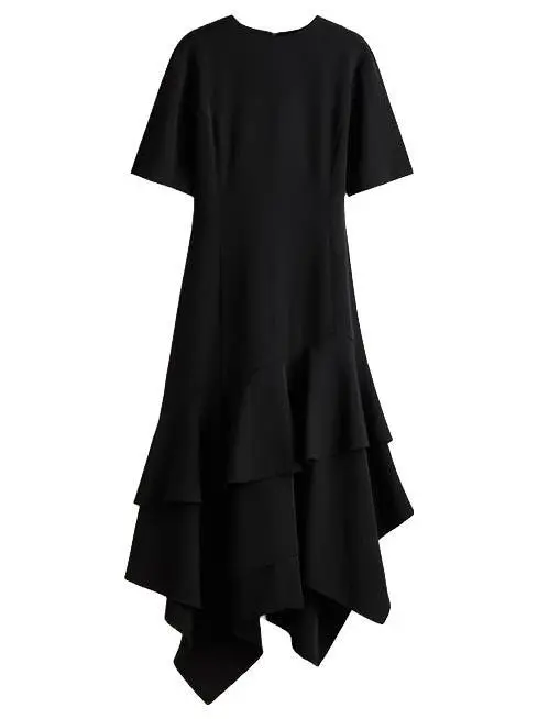 H&m Asymmetric Tiered Midi Dress With Flounced Ruffles - Black