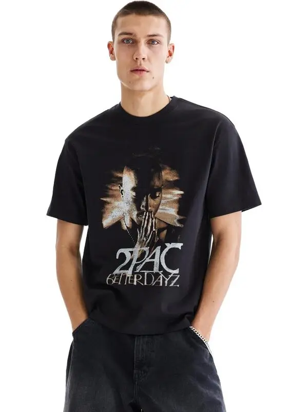 H&M Loose Fit T-shirt - Black/2pac