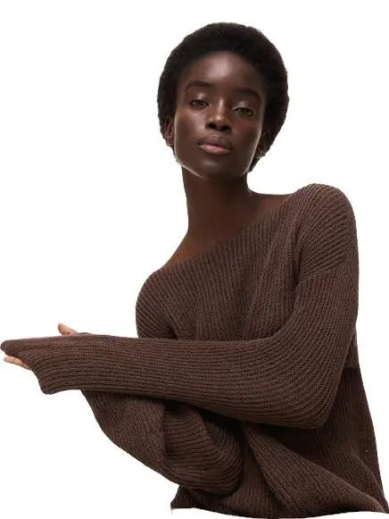 H&m Rib Knit Boat Neck Jumper With Drop Shoulder - Dark Brown