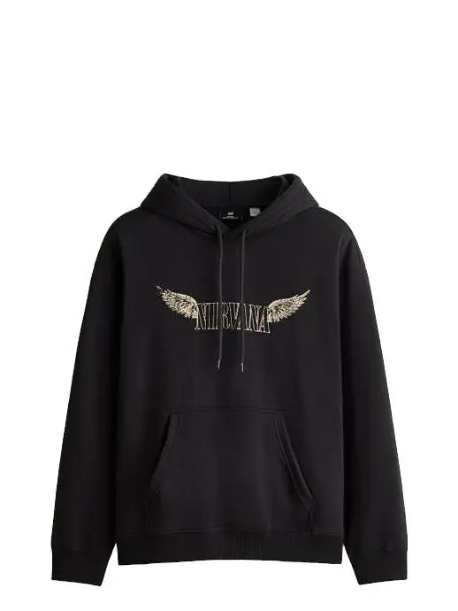 H&m Loose Fit Printed Hoodie With Drawstring - Black/nirvana