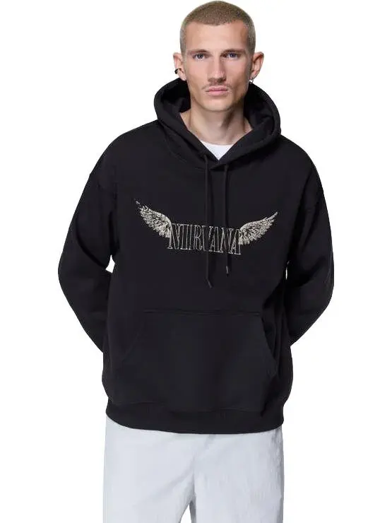 H&m Loose Fit Printed Hoodie With Drawstring - Black/nirvana