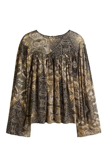 H&m Printed Sheer Oversized Blouse - Khaki Green/patterned