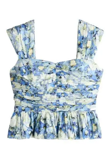 H&m Gathered Peplum Top With Sweetheart Neckline - Blue/floral