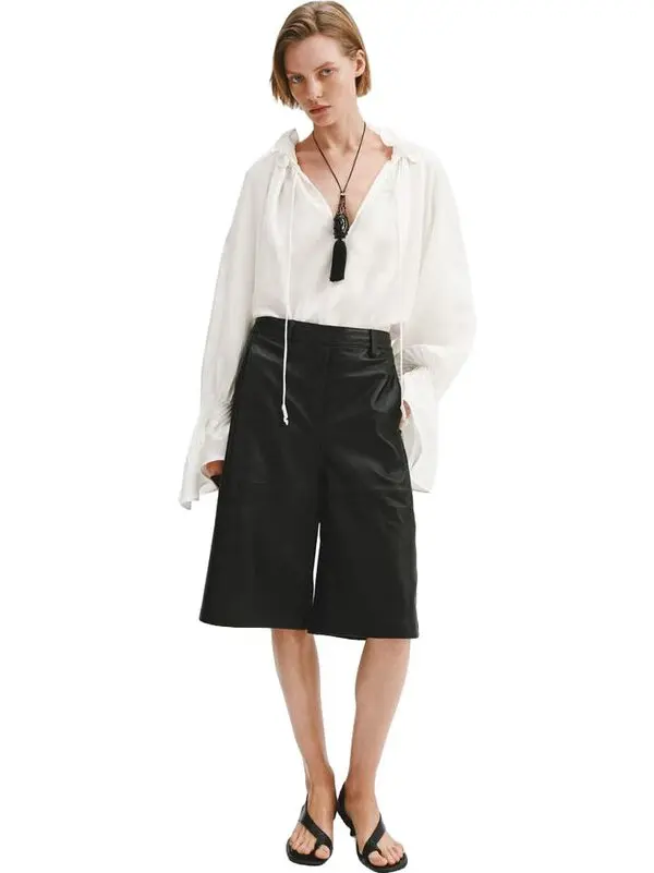 H&m Oversized Linen-blend Shirt With Ruffle Collar And Balloon Sleeves - White