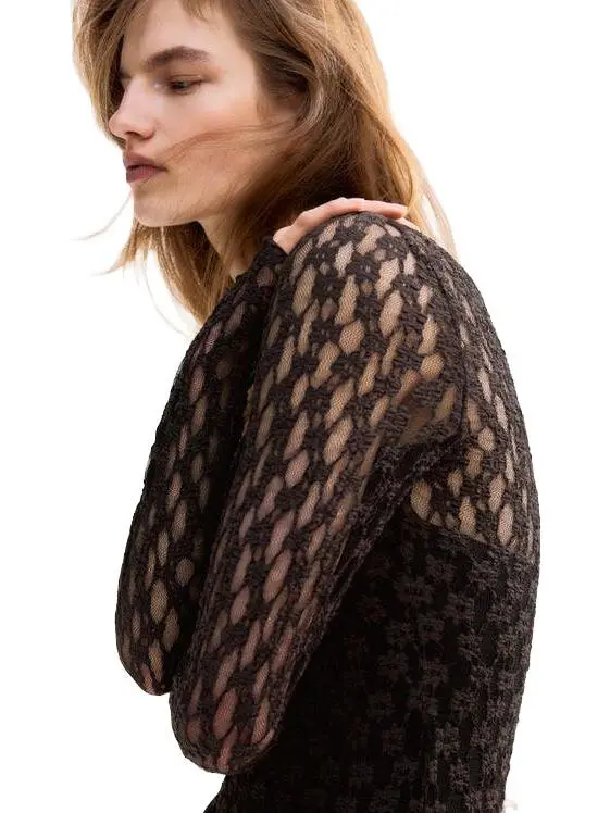 H&m Lace-look Thong Bodysuit With Long Sleeves - Dark Brown