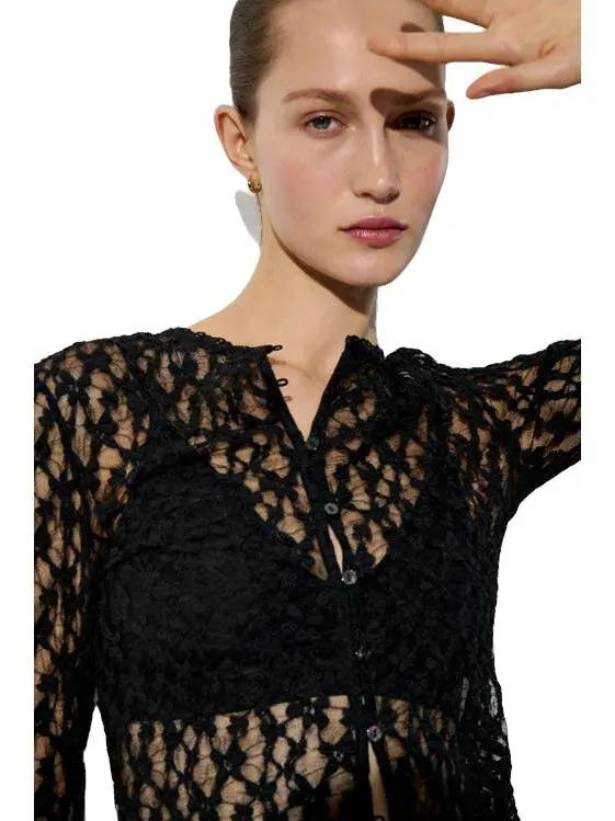 H&m Lace-look Cardigan With V-neck And Long Sleeves - Black