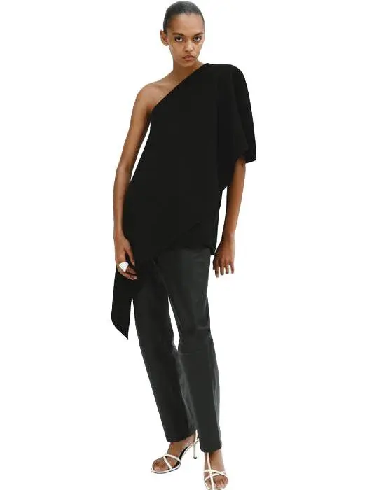 H&m One-shoulder Cape Top In Twill - Black