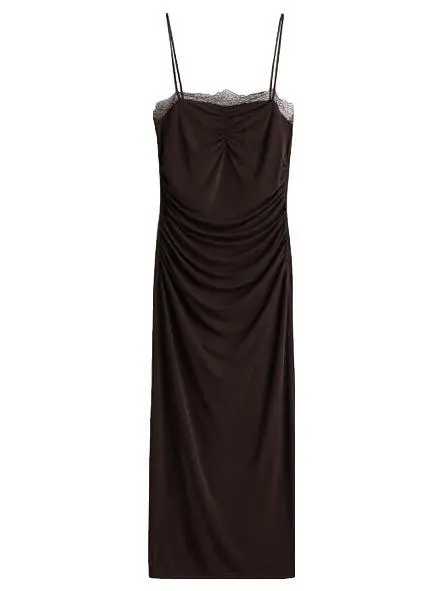 H&m Lace-trimmed Spaghetti Strap Midi Dress - Dark Brown