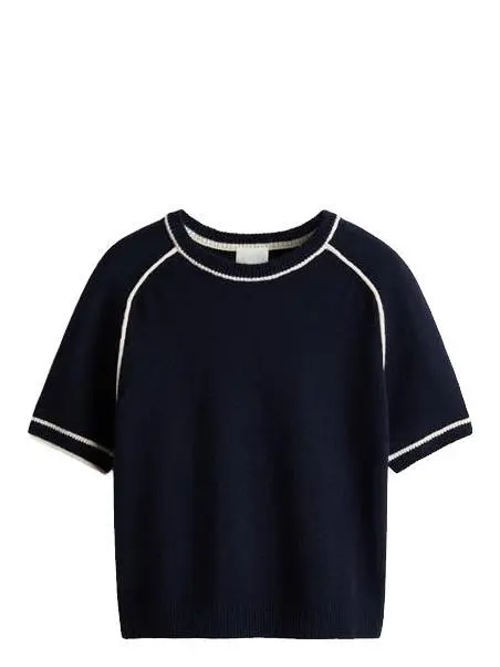 H&m Knitted T-shirt With Accent Trim - Navy Blue