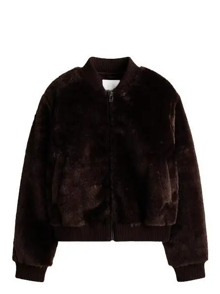 H&m Pile Bomber Jacket With Stand Collar - Dark Brown