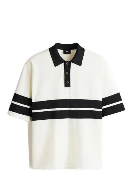 H&m Loose Fit Knitted Polo Shirt - White/black