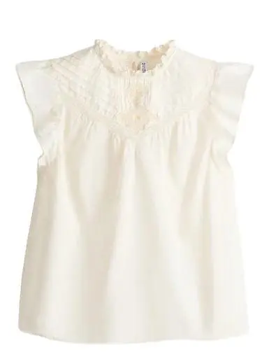 H&m Pintucked Cotton Top With Embroidered Details - Cream