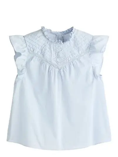 H&m Pintucked Cotton Top With Embroidered Details - Light Blue