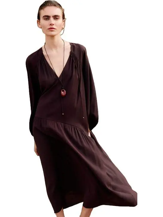 H&m Oversized V-neck Tunic Dress With Balloon Sleeves - Dark Brown