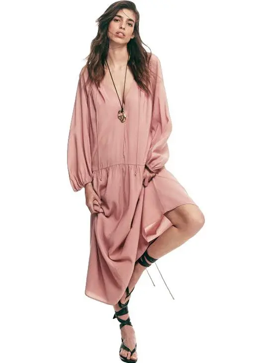 H&m Oversized V-neck Tunic Dress With Balloon Sleeves - Dusty Pink