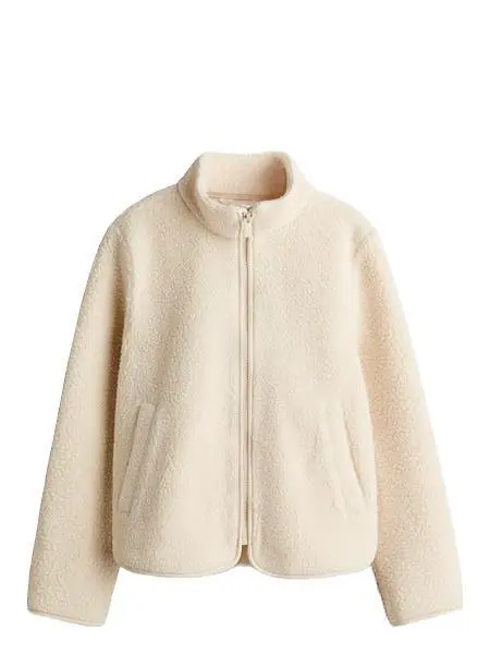 H&m Teddy Jacket With Stand Collar And Zip-up Front - Light Beige