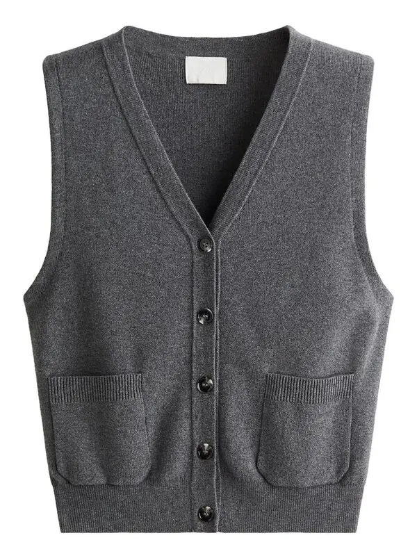 H&m Fine-knit V-neck Waistcoat With Pockets - Dark Gray Melange