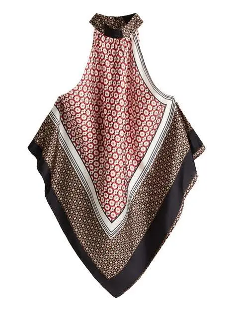 H&m Halterneck Top With Stand Collar And Back Ties - Navy Blue/patterned