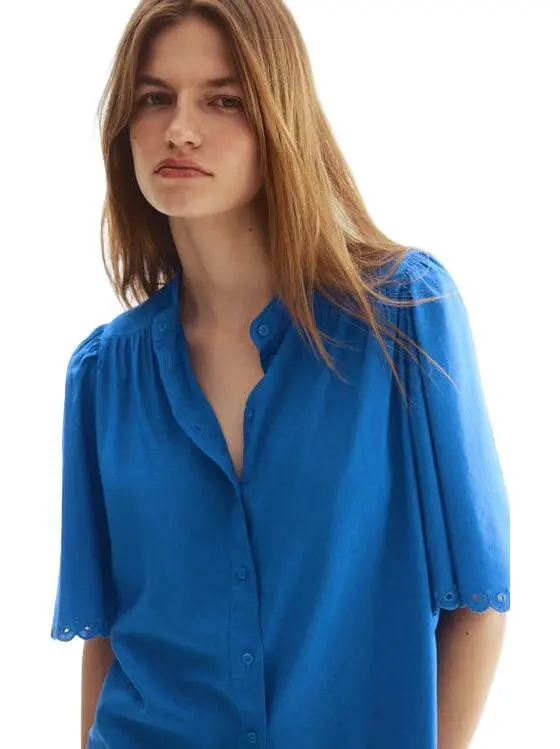 H&m Cotton-blend Blouse With Puff Sleeves And Eyelet Cuffs - Blue