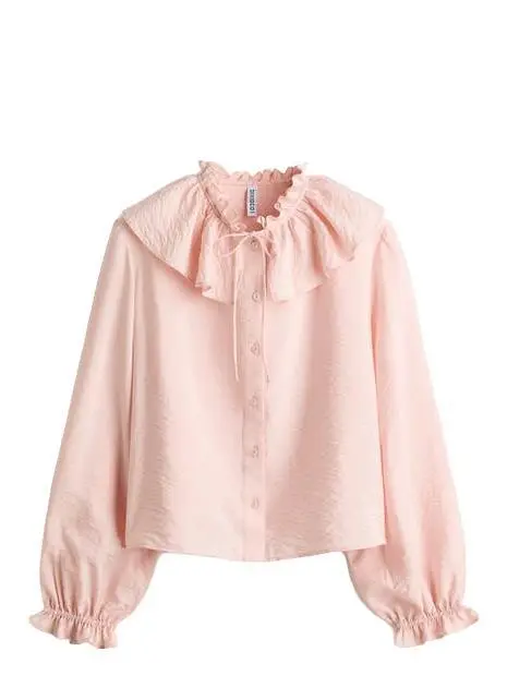 H&m Frill-trimmed Blouse With Drawstring Collar - Powder Pink