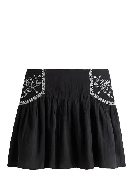 H&m Embroidered Crinkled Cotton Mini Skirt - Black