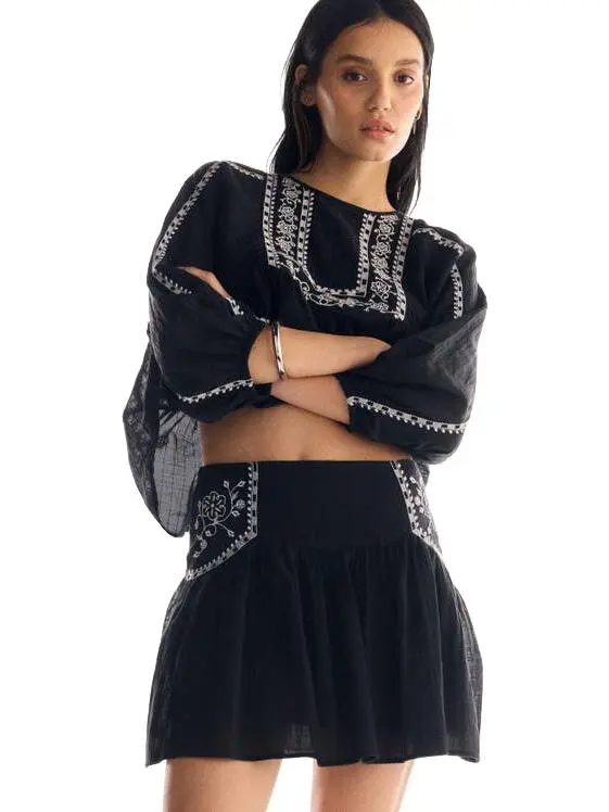 H&m Embroidered Crinkled Cotton Mini Skirt - Black
