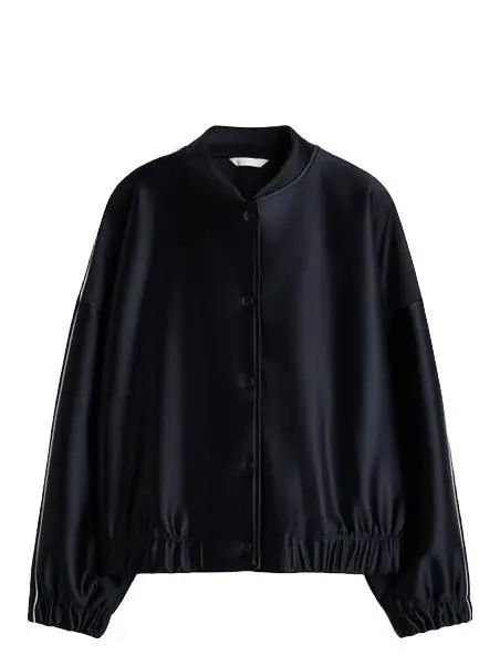 H&m Bomber Jacket With Stand Collar And Glossy Finish - Navy Blue