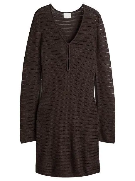H&m Pointelle-knit V-neck Mini Dress With Trumpet Sleeves - Dark Brown