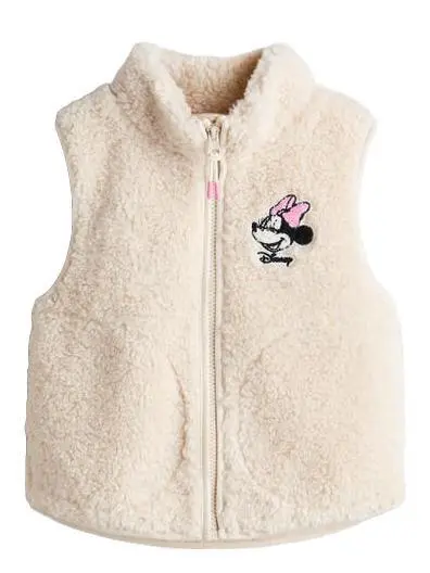 H&m Motif Detail Teddy Gilet - Light Beige/minnie Mouse
