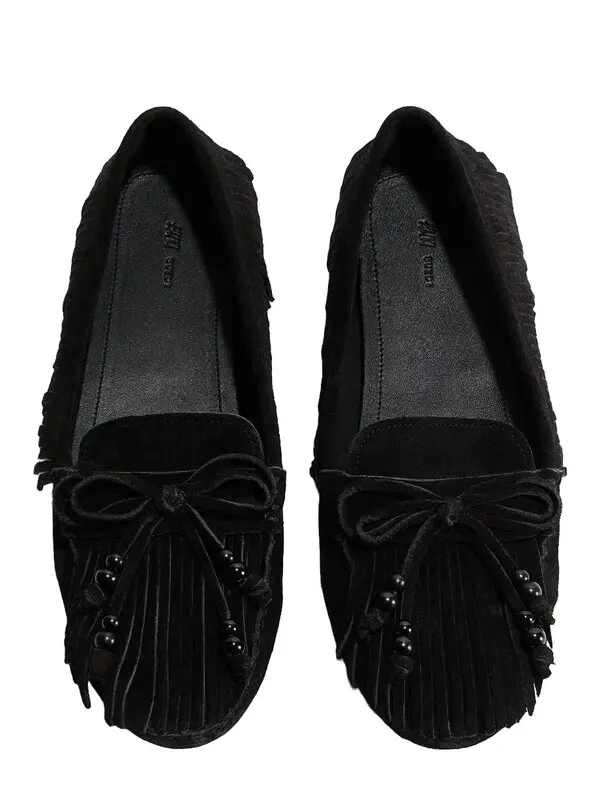 H&m Suede Loafers With Fringe And Beaded Bow Detailing - Black