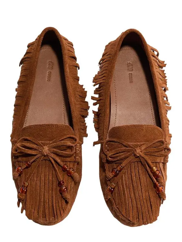 H&m Fringed Loafers With Beaded Bow Detailing - Brown