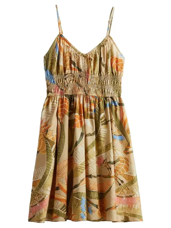 H&m Smocked Strappy Printed Mini Dress - Beige/floral