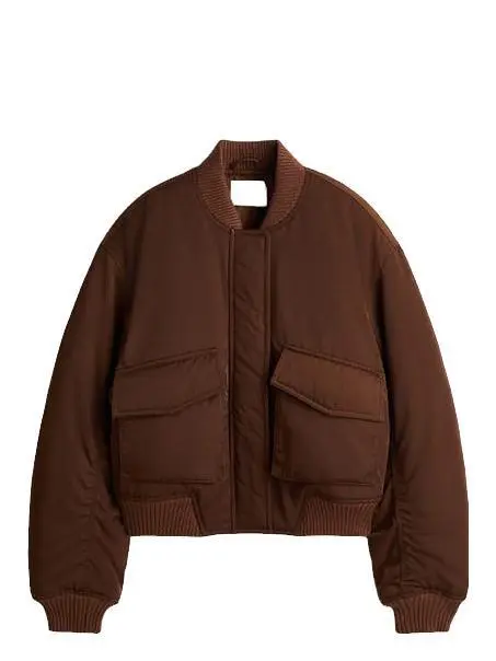 H&m Padded Bomber Jacket With Ribbed Stand Collar And Zip-up Front - Dark Brown