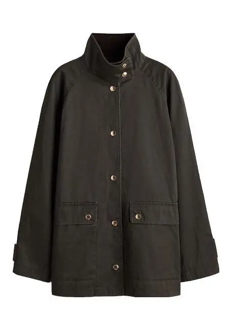H&m Oversized Cargo Jacket With Stand Collar - Dark Khaki Green