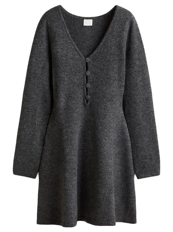 H&m Knitted Flared-skirt Dress With V-neckline - Dark Gray Melange