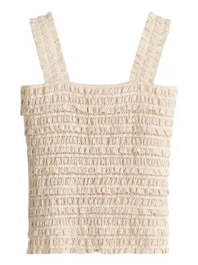 H&m Lace Jersey Sleeveless Top With Frill Trims - White