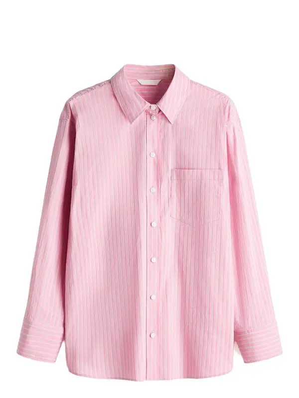 H&m Oversized Striped Shirt With Classic Collar - Pink/striped
