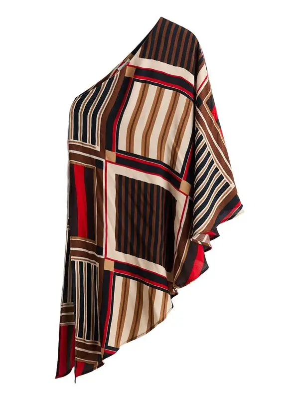 H&m One-shoulder Cape Sleeve Satin Top - Brown/patterned