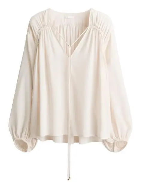 H&m Oversized Viscose Blouse With V-neckline And Drawstring Detail - Light Beige