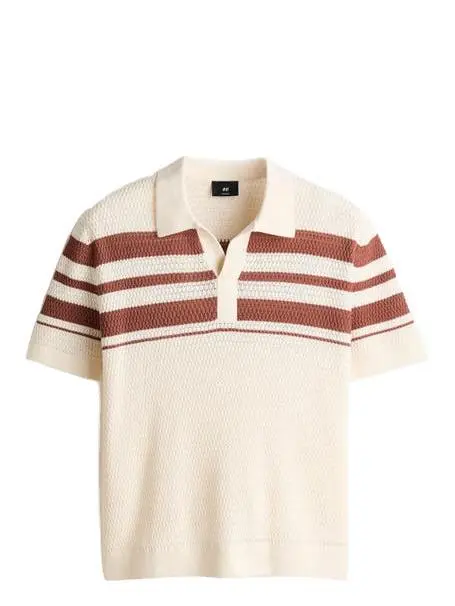 H&m Regular Fit Pointelle-knit Polo Shirt - Cream/color Block