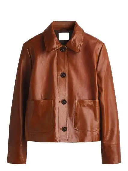 H&m Short Leather Jacket With Button Front And Patch Pockets - Brown