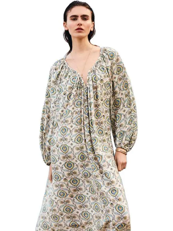 H&m Printed Oversized Tunic Dress With Embellished Tie Belt - Light Beige/patterned