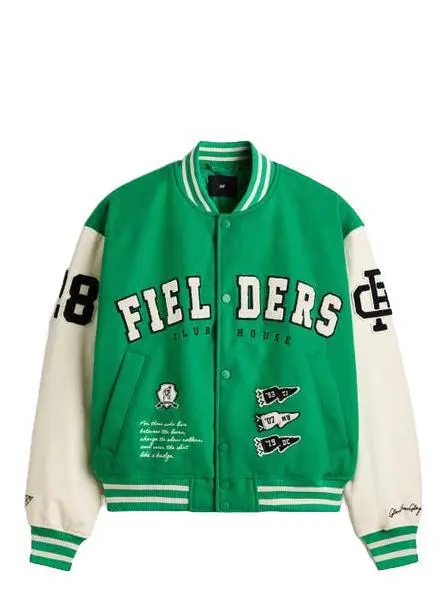 H&m Motif Detail Baseball Jacket With Coated Sleeves - Green/rookie Of The Year