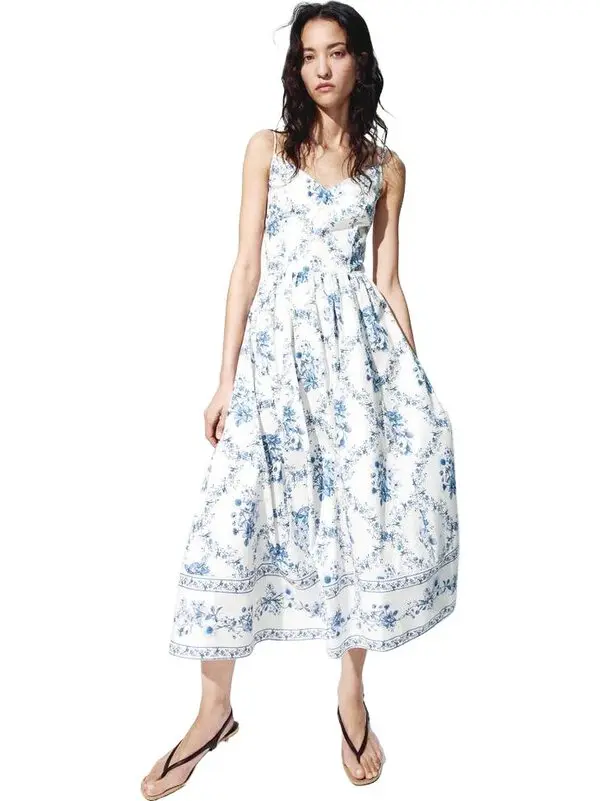 H&m Strappy Sweetheart Neckline Flared Midi Dress - White/blue Floral