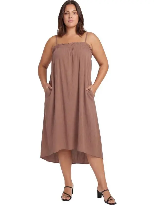 24SEVEN COMFORT APPAREL Smocked A-line Maxi Dress With Spaghetti Straps - Mocha