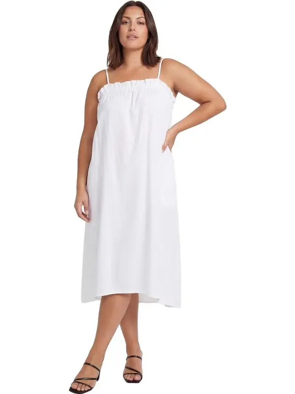 24SEVEN COMFORT APPAREL Smocked A-line Maxi Dress With Spaghetti Straps - White