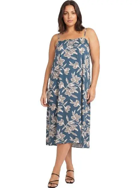24SEVEN COMFORT APPAREL Floral Print Spaghetti Strap Smocked A-line Maxi Dress - Blue Multi